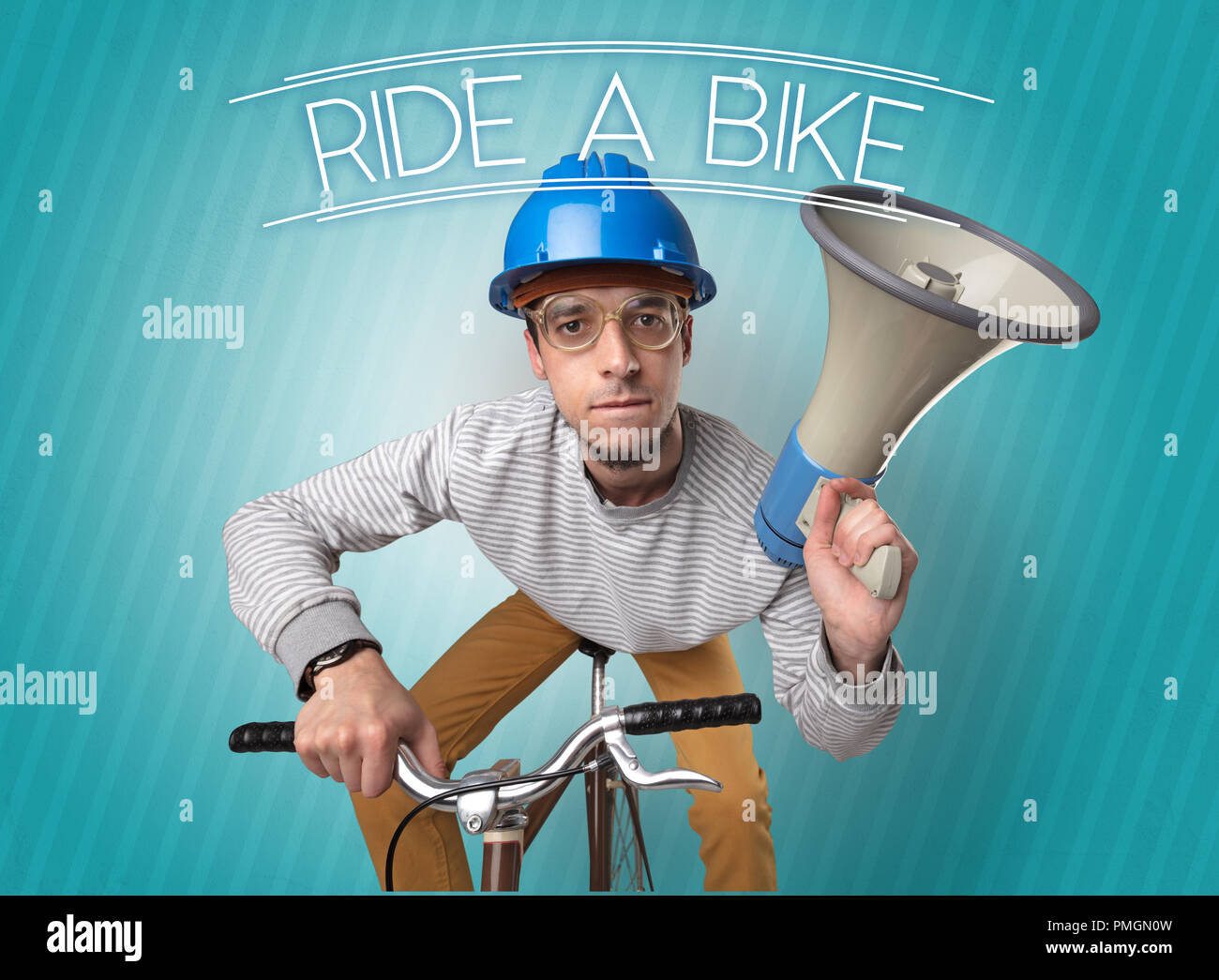 Kooky young guy on a bike with cyclist keywording and streaky ...