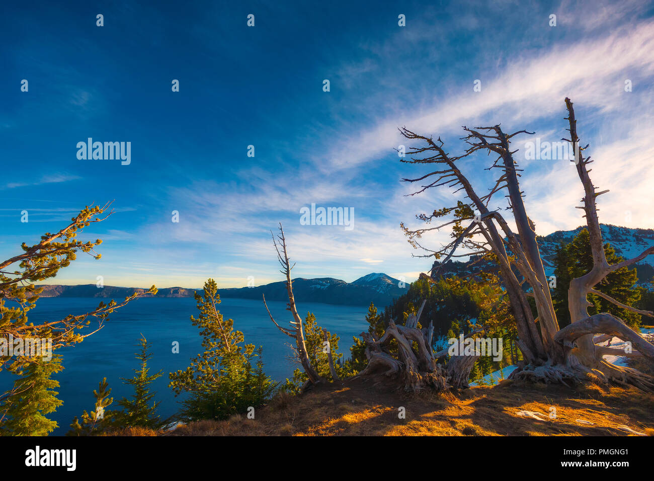 Late Fall at Crater Lake in the early morning light devoid of people ...