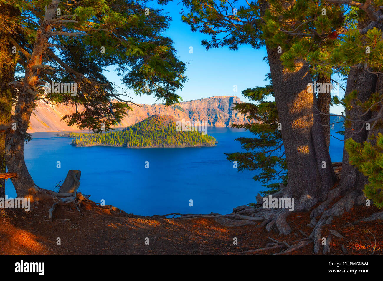 Trees frame Wizard Island in ;ate Fall at Crater Lake in the early ...