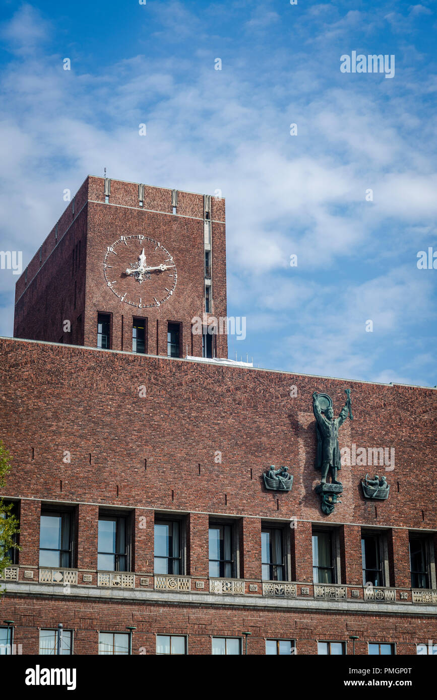Oslo City Hall, red brick building built in functionalist style between ...