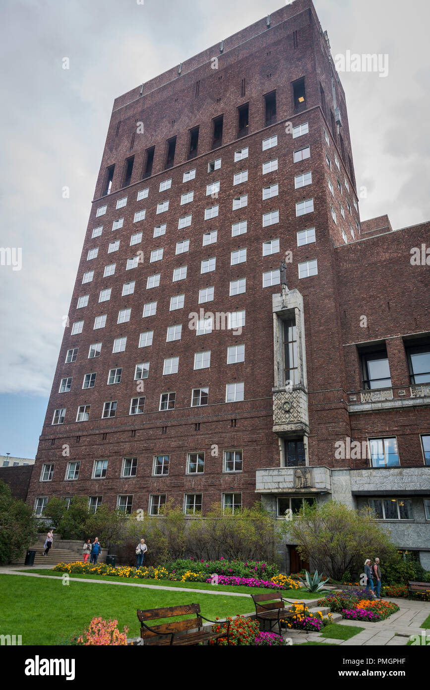 Oslo City Hall, red brick building built in functionalist style between ...
