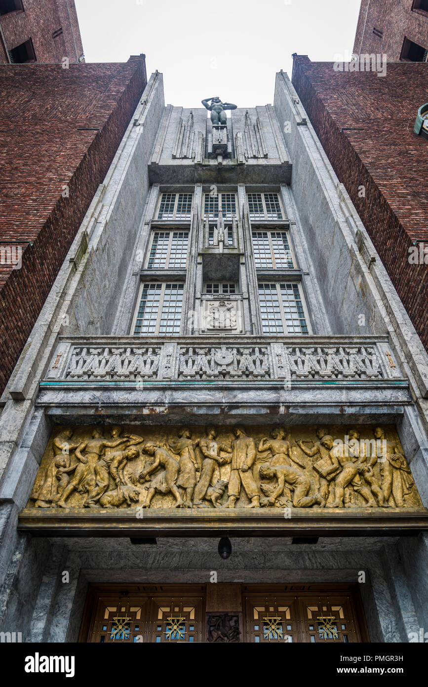 Sculpture relief above main entrance of Oslo City Hall, red brick ...