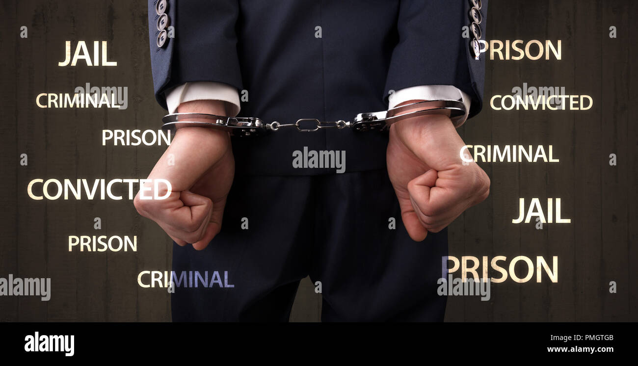 Jail convicted prison criminal labels with close handcuffed man Stock ...