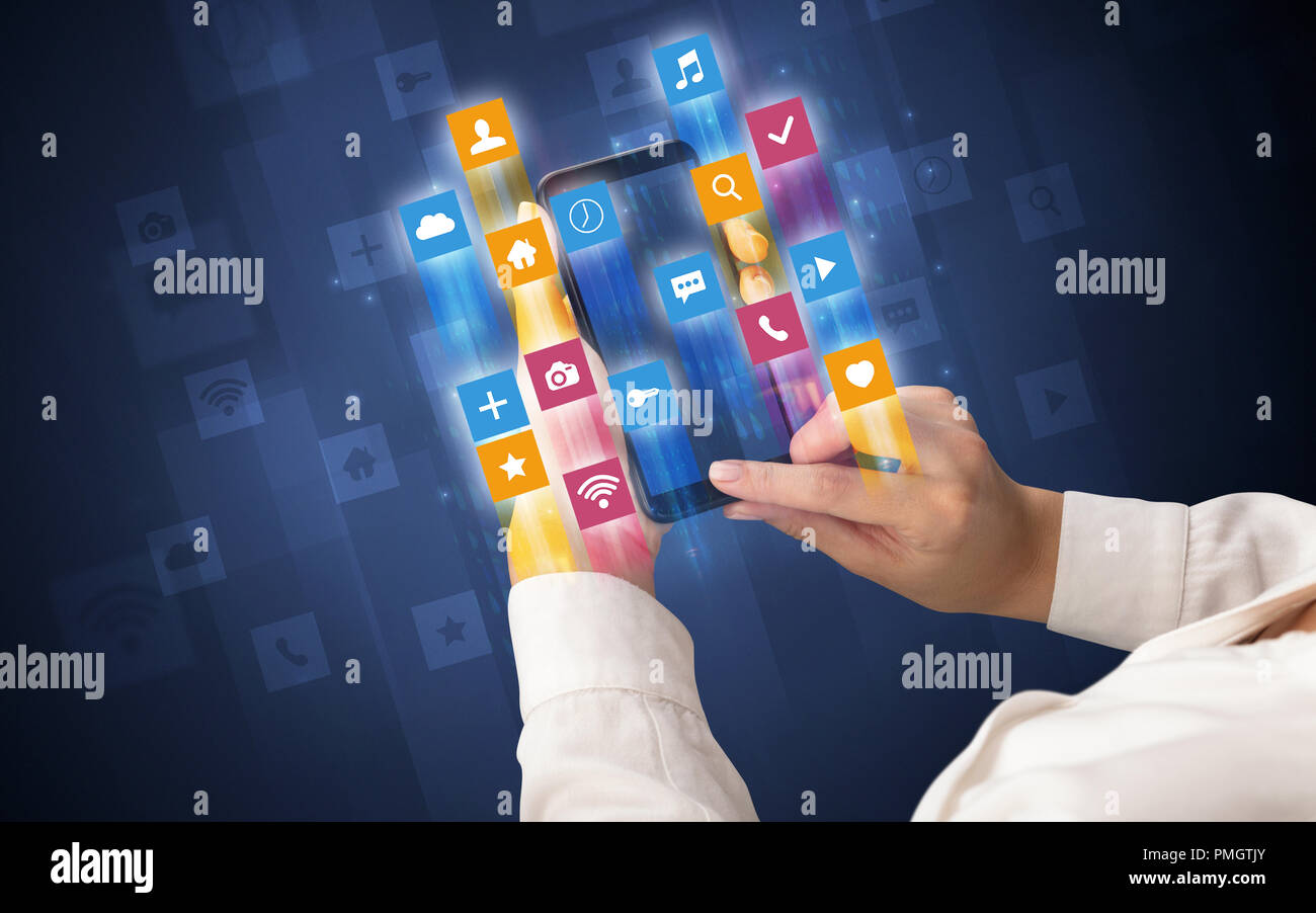 Female hand using smartphone with colorful angular fast switching ...