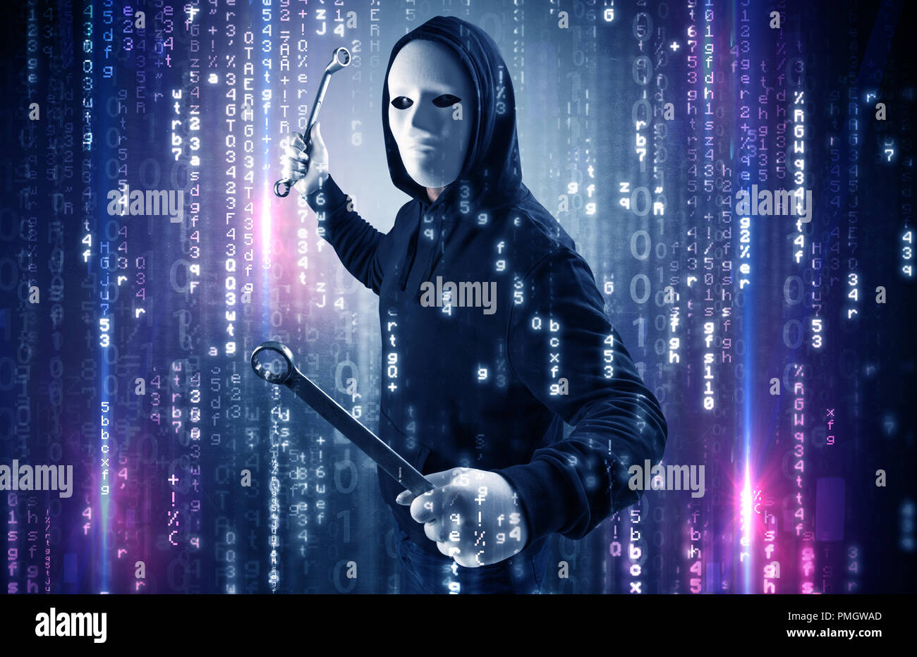 Masked and armed anonymous hacker breaking in cyber security cloud data ...