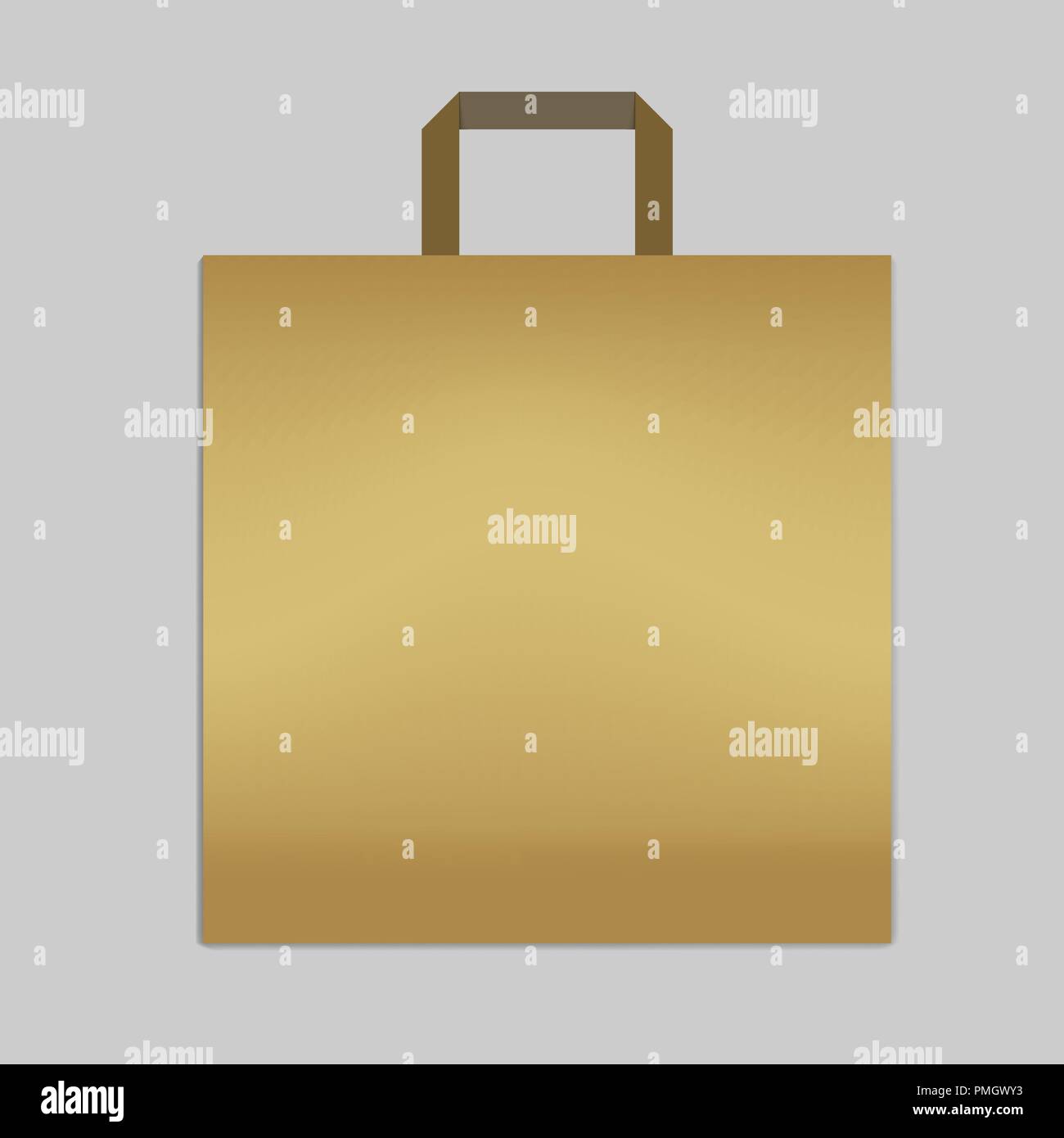 Paper shopping or merchandise bag with handle, vector mockup. Golden ...