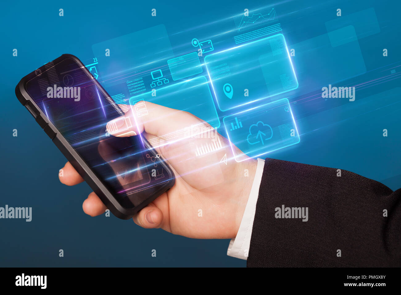 Hand using phone with database reports and online work concept Stock ...