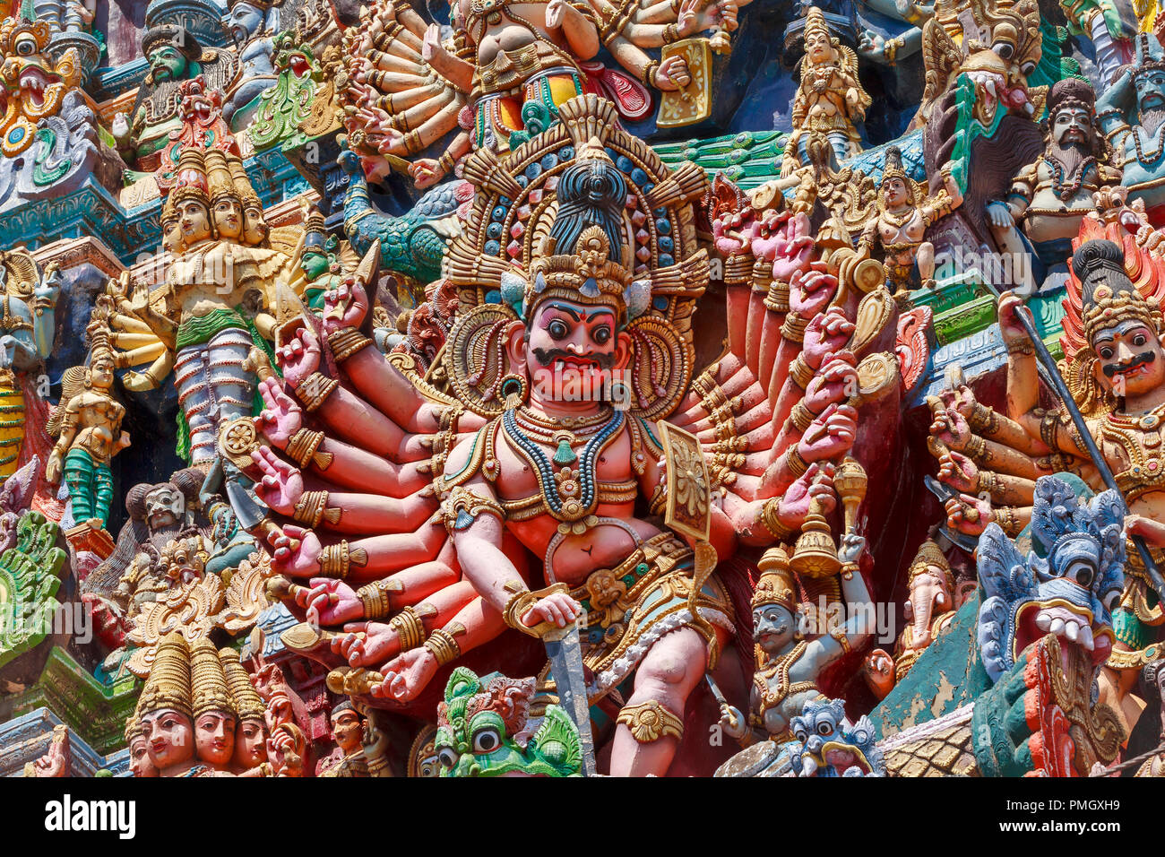 MEENAKSHI TEMPLE MADURAI TAMIL NADU INDIA LARGE DEMON GOD WITH MULTIPLE ...