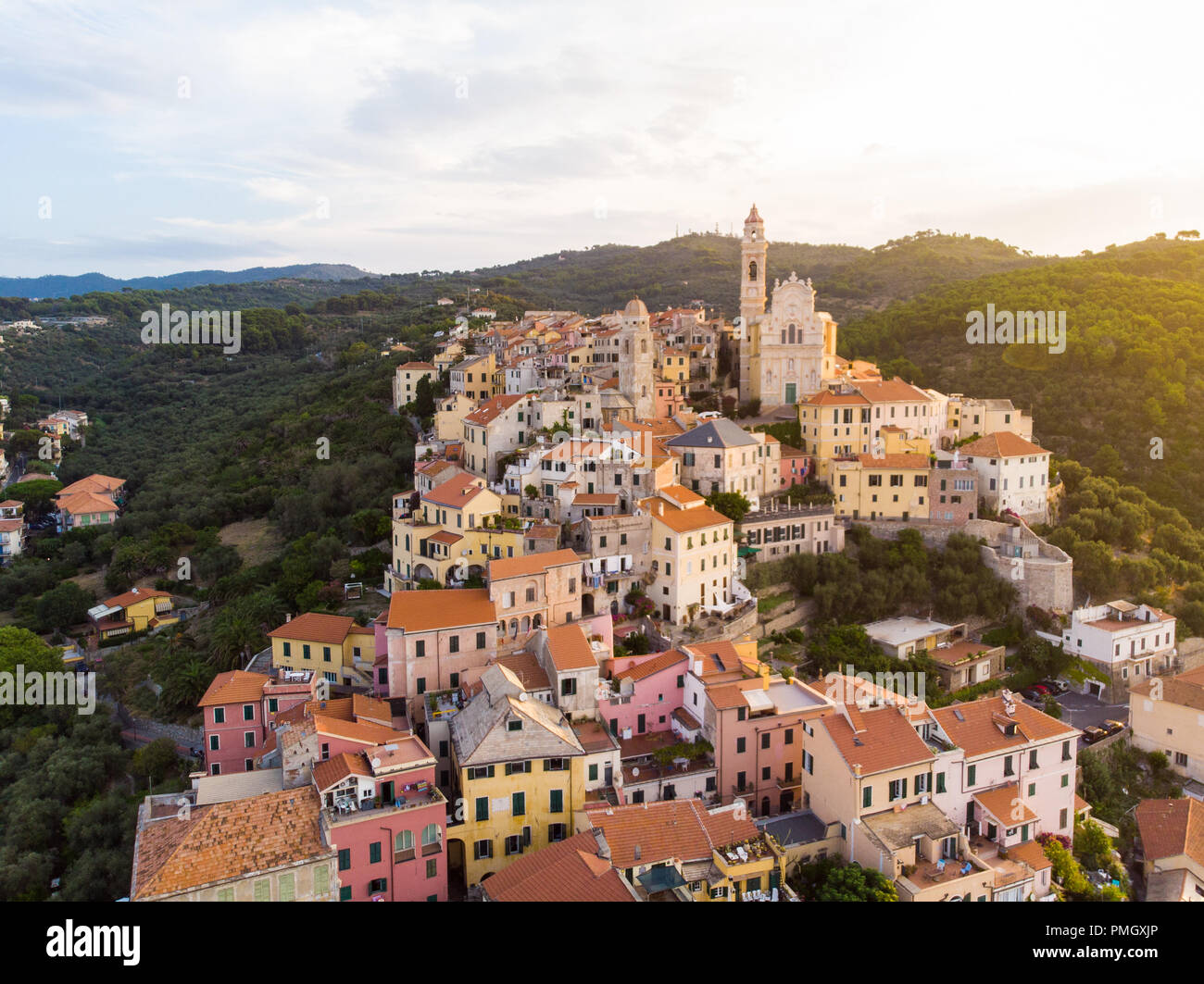 Aerial view Cervo medieval town on the mediterranean coast, Liguria ...