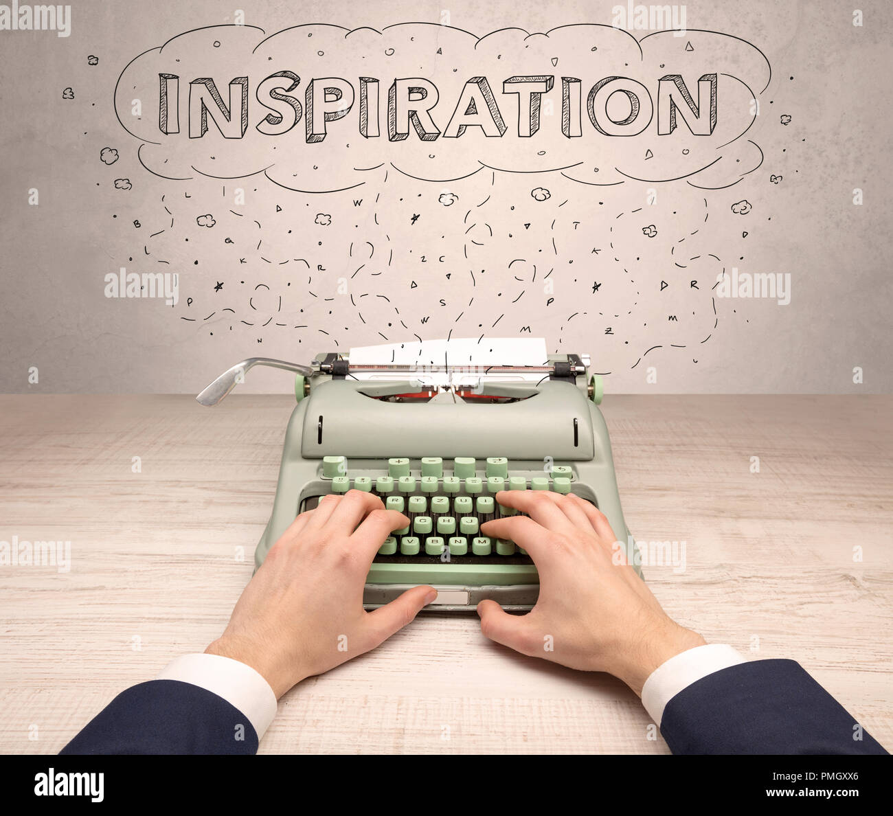 First person perspective hand writing on typewriter with cloud message ...