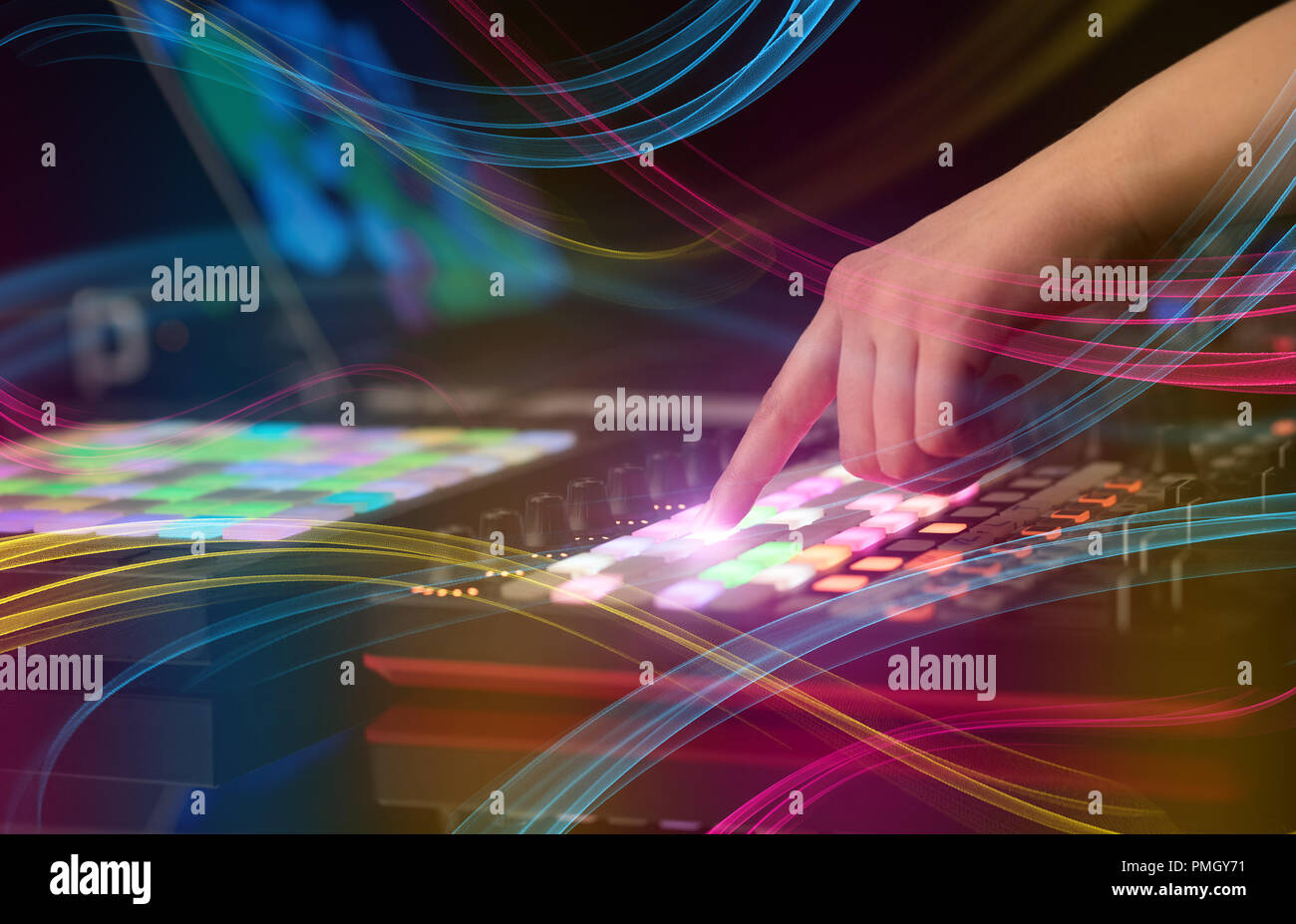 Hand mixing music on midi controller with colorful vibe concept Stock ...
