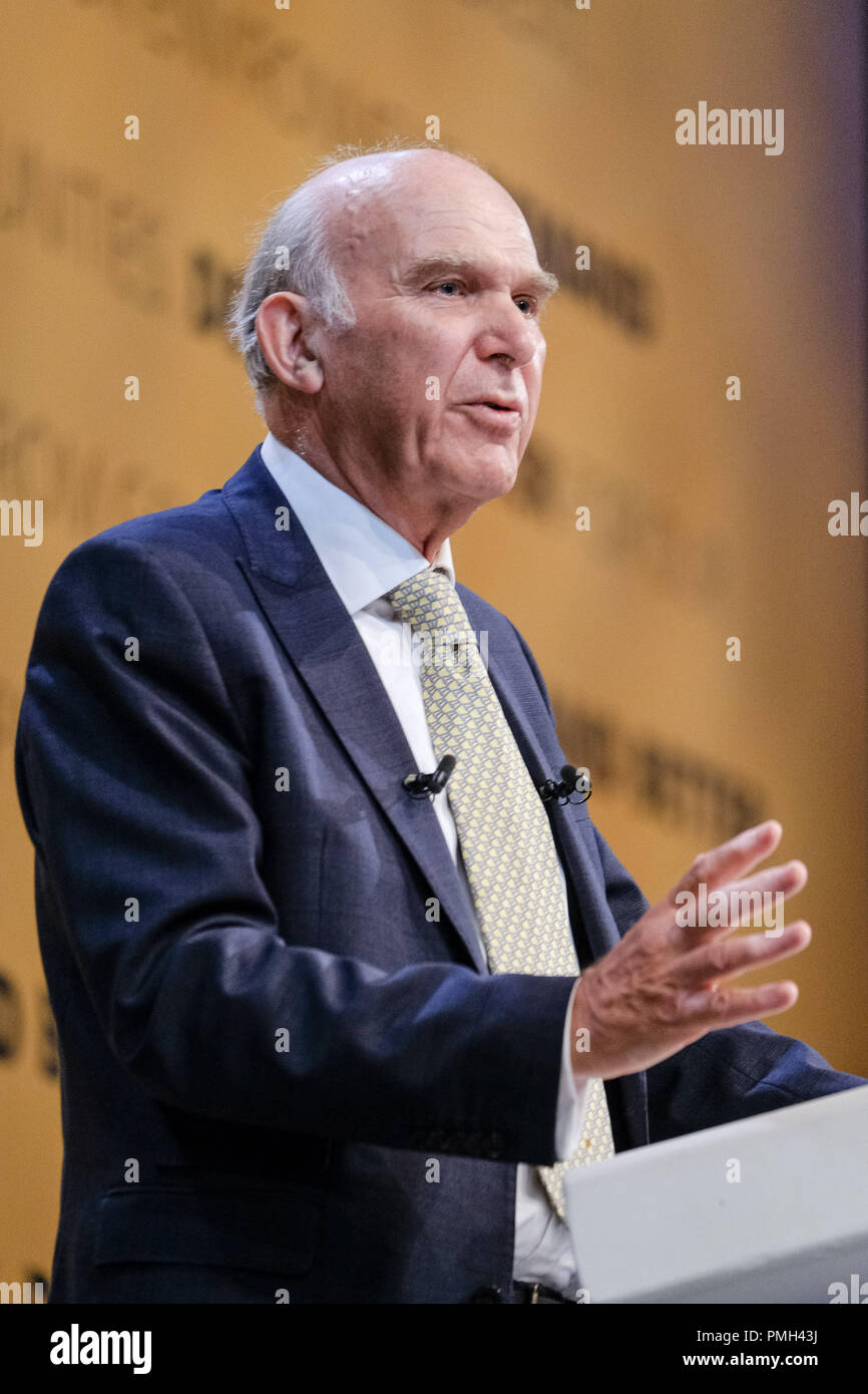 Brighton, UK. 18th September 2018. Vince Cable MP gives his keynote ...