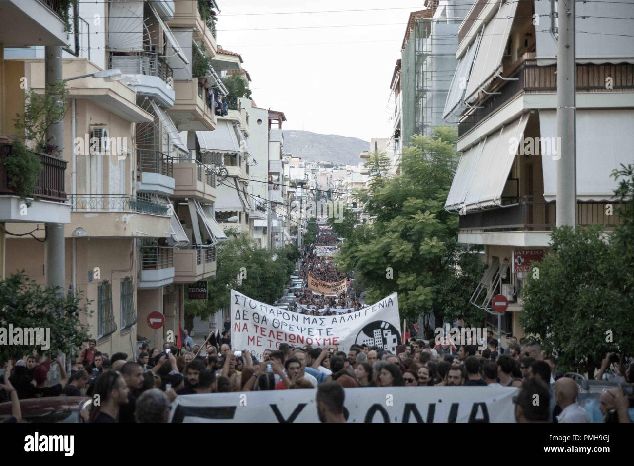 Athens, Greece. 18th Sep, 2018. Thousands of protesters seen holding ...