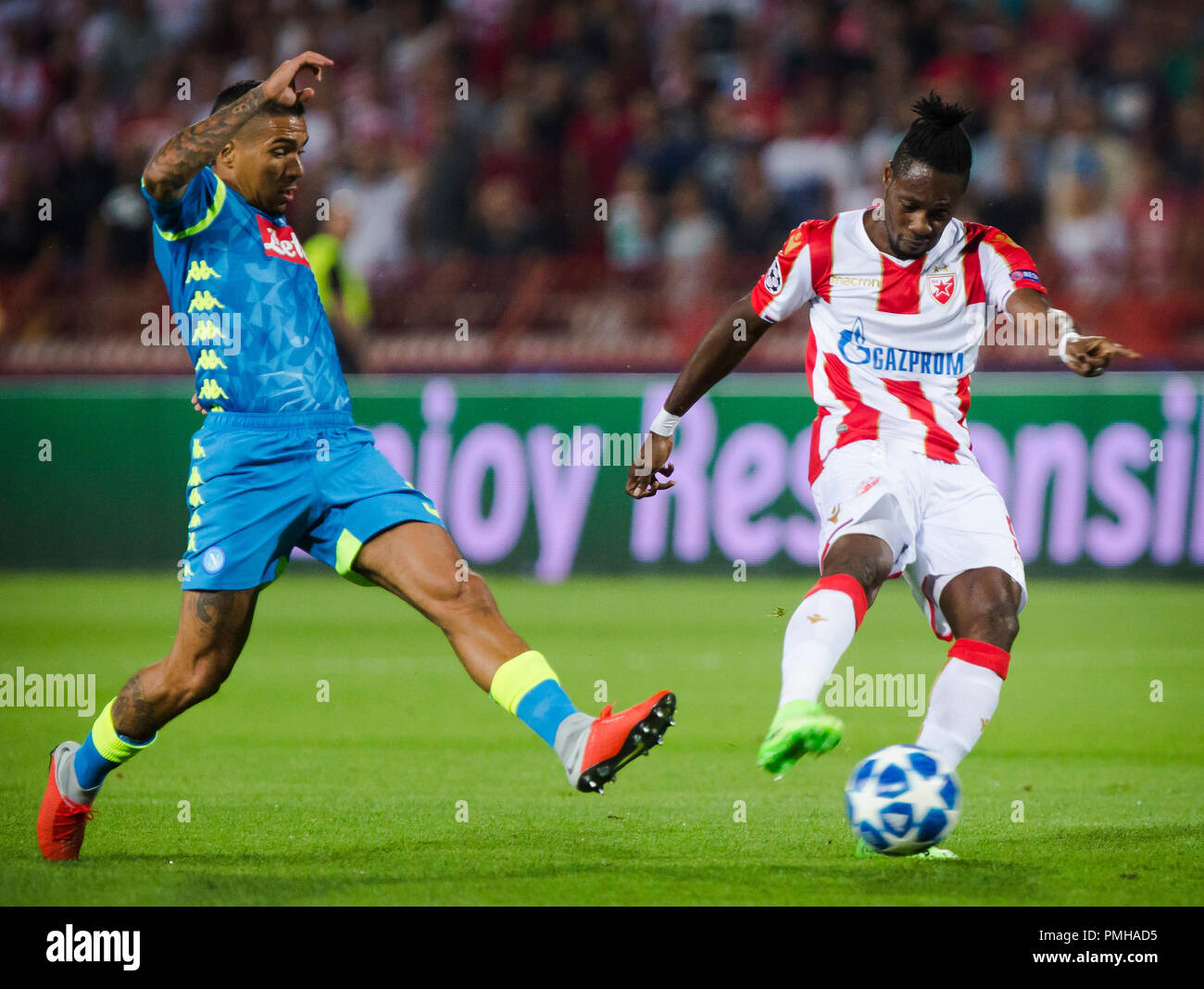 Belgrade, Serbia. 17 Sep, 2018. Allan of Napoli tries to block ...