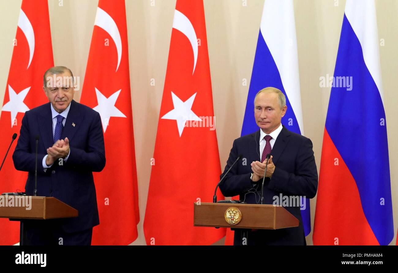 Russian President Vladimir Putin, right, and Turkish President Recep ...