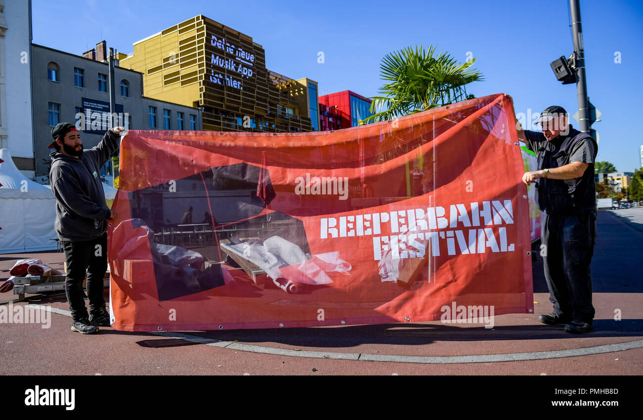 18 September 2018, Hamburg: A banner with the Reeperbahn Festival logo ...