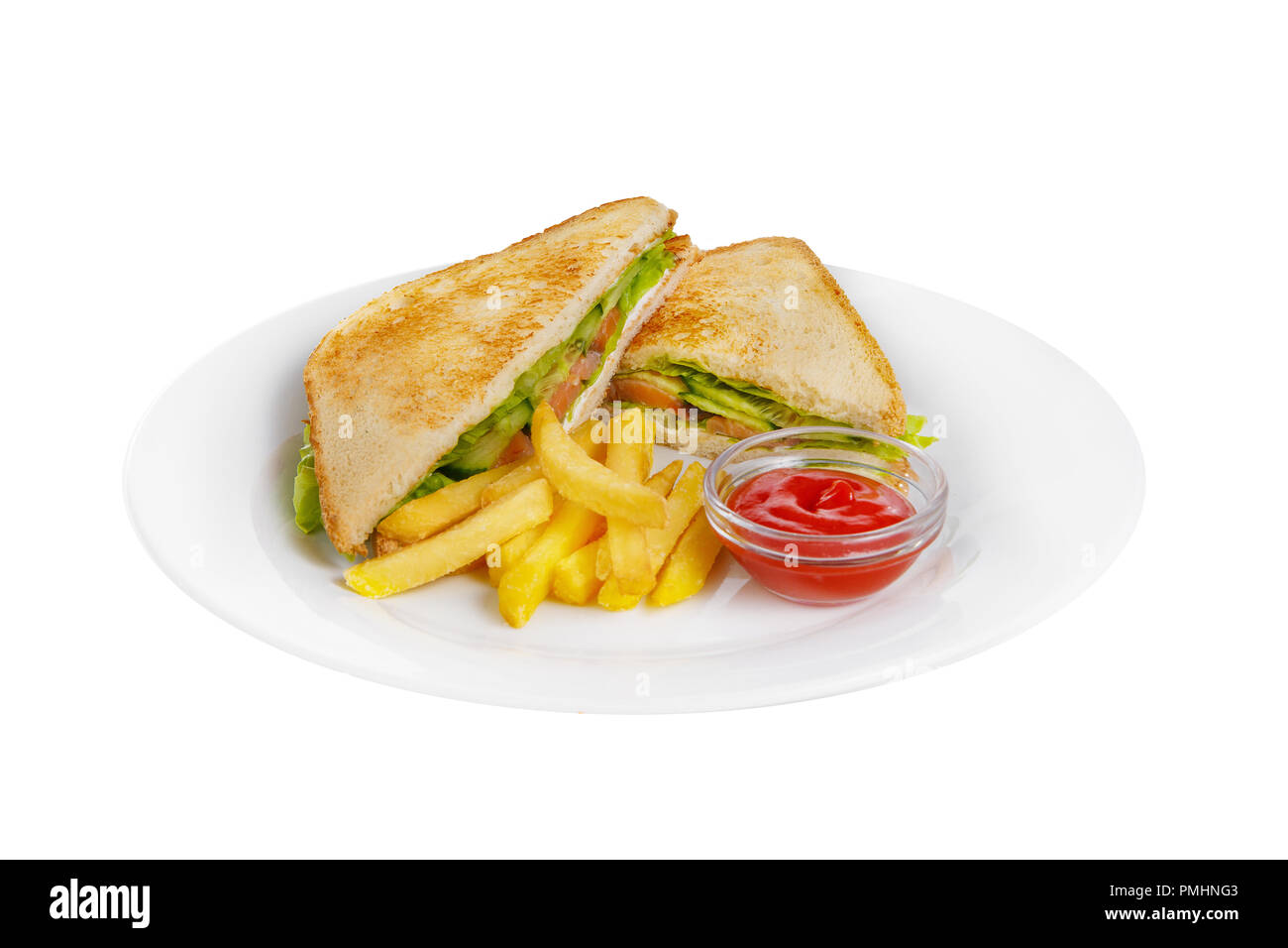 Sandwich with French fries and ketchup, barbecue sauce. Side view ...