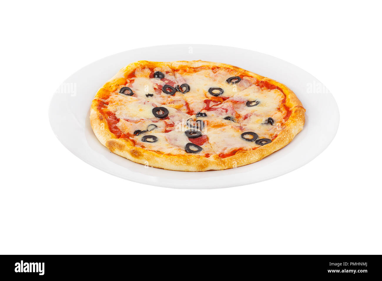 Mini, small pizza with olives, cheese, bacon, tomatoes, whole round ...