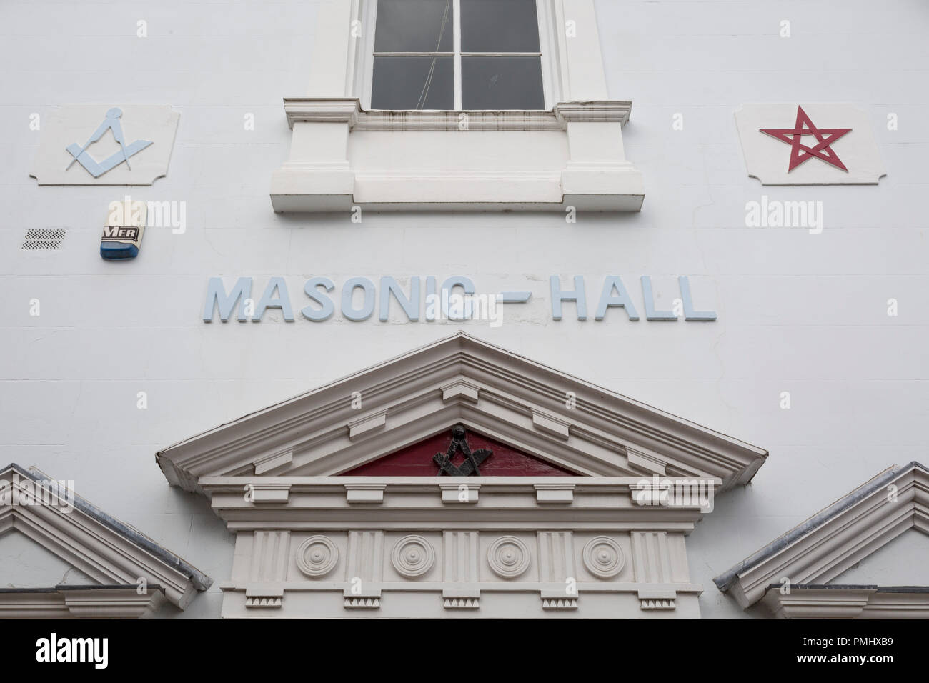 The exterior, architecture and Masons' symbols of a Masonic Hall, on ...