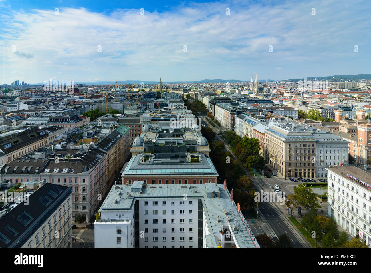 Wien, Vienna: OId Town, street Schottenring, highrises at Wienerberg ...