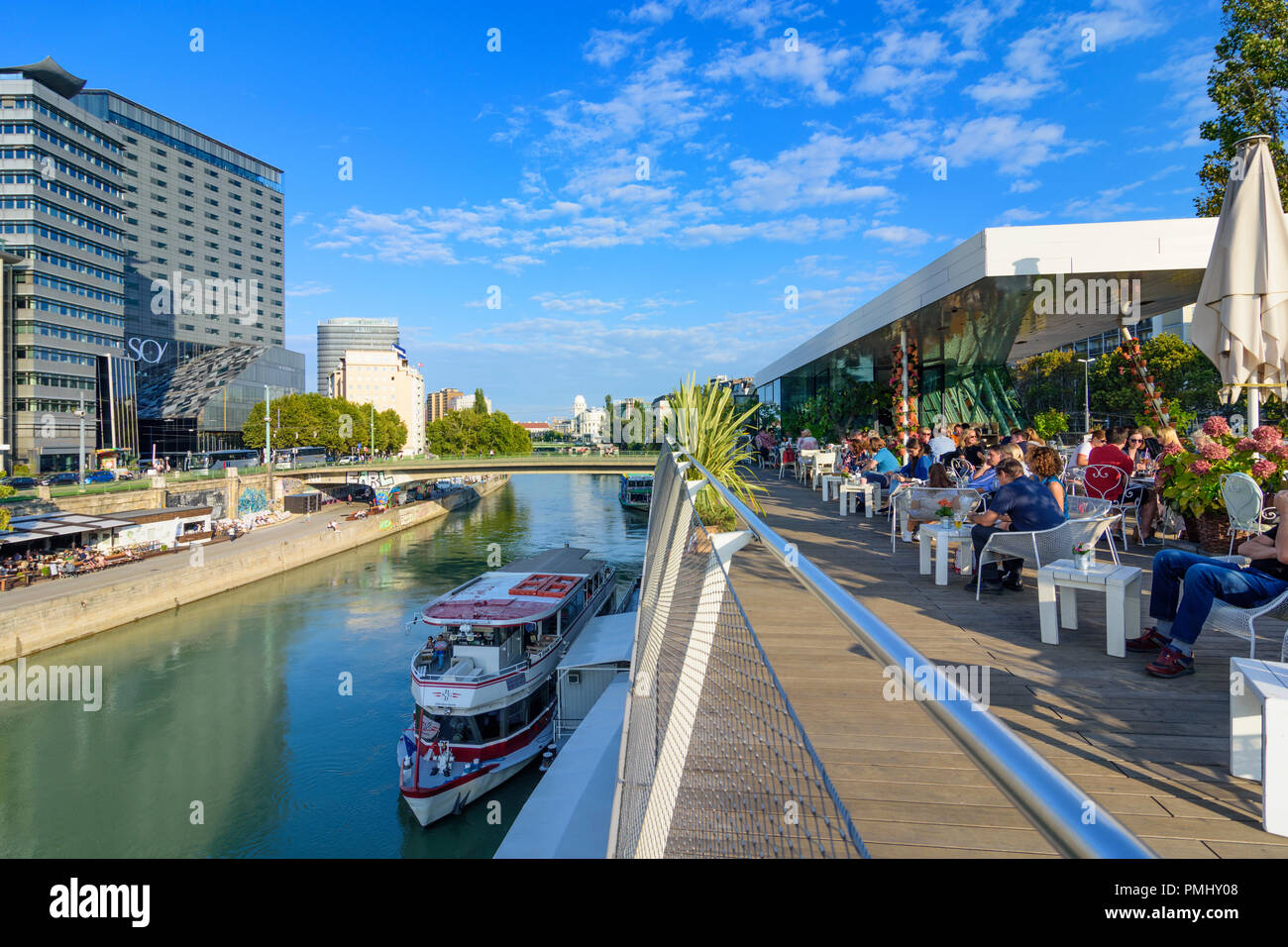 Wien, Vienna: canal Donaukanal, hotel Sofitel (left), jetty ...