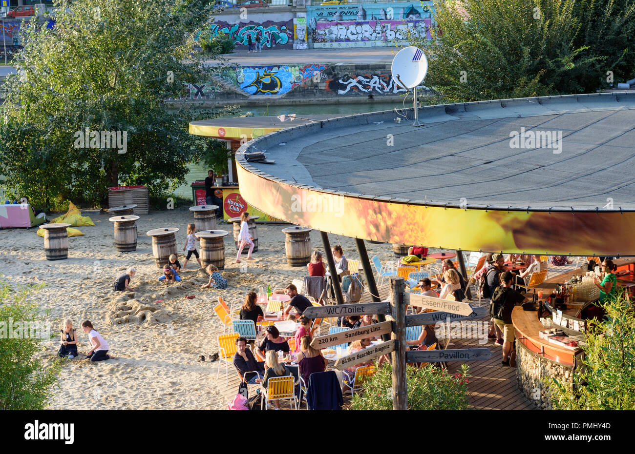 Wien, Vienna: beach bar Strandbar Herrmann at canal Donaukanal, 03 ...