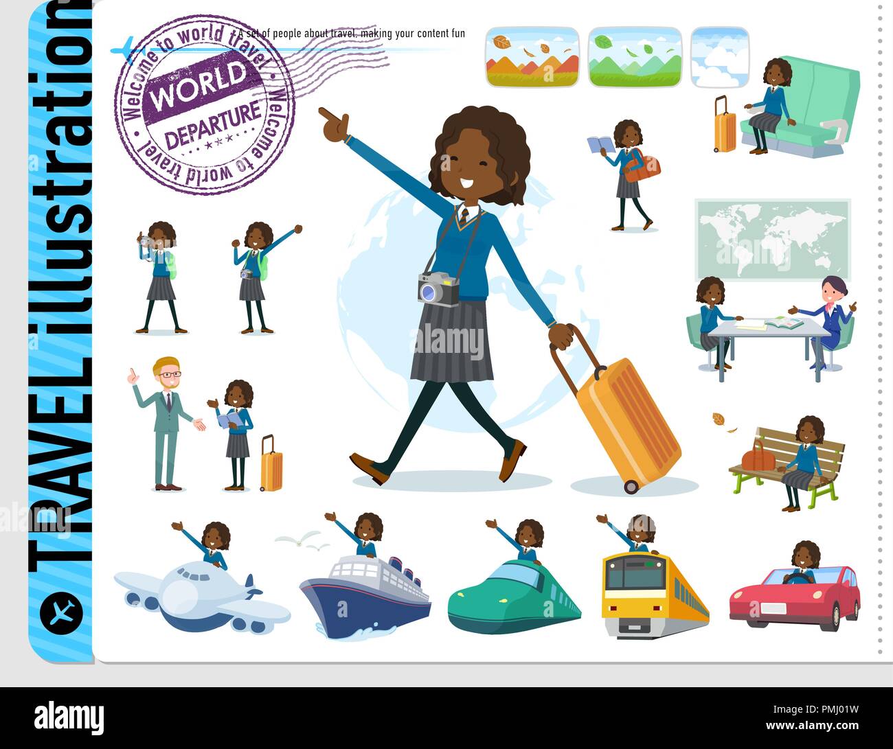 A set of school girl on travel.There are also vehicles such as boats ...