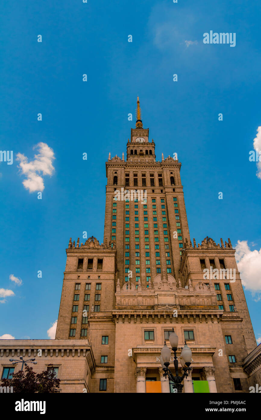 The Palace of Culture and Science of Warsaw from a low angle view. An ...