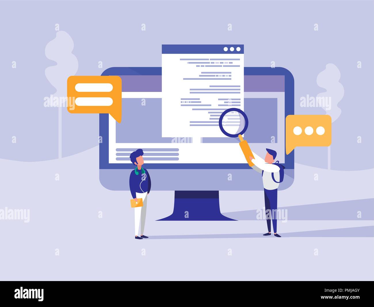 group of people with monitor computer in landscape vector illustration ...