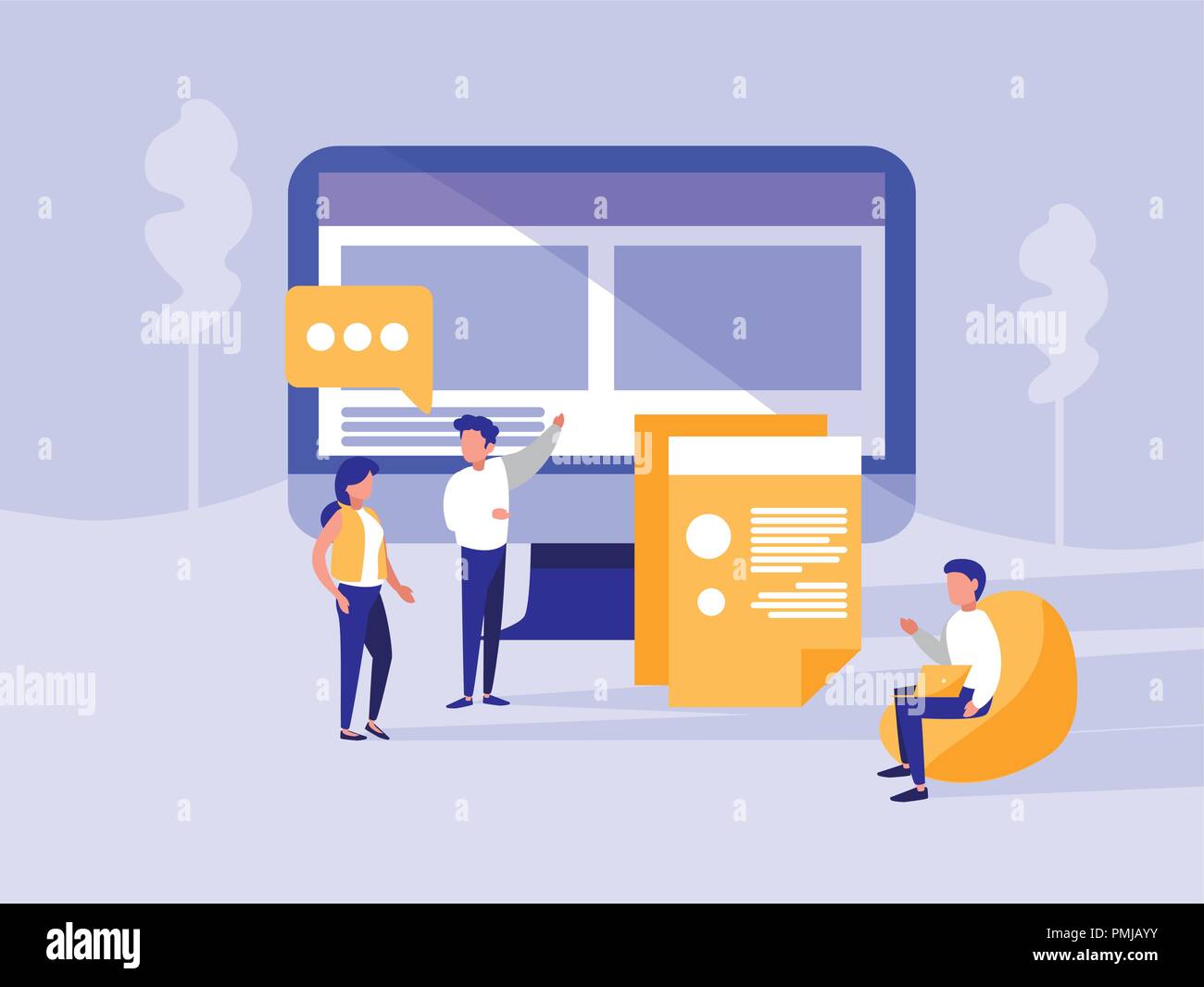 group of people with monitor computer in landscape vector illustration ...