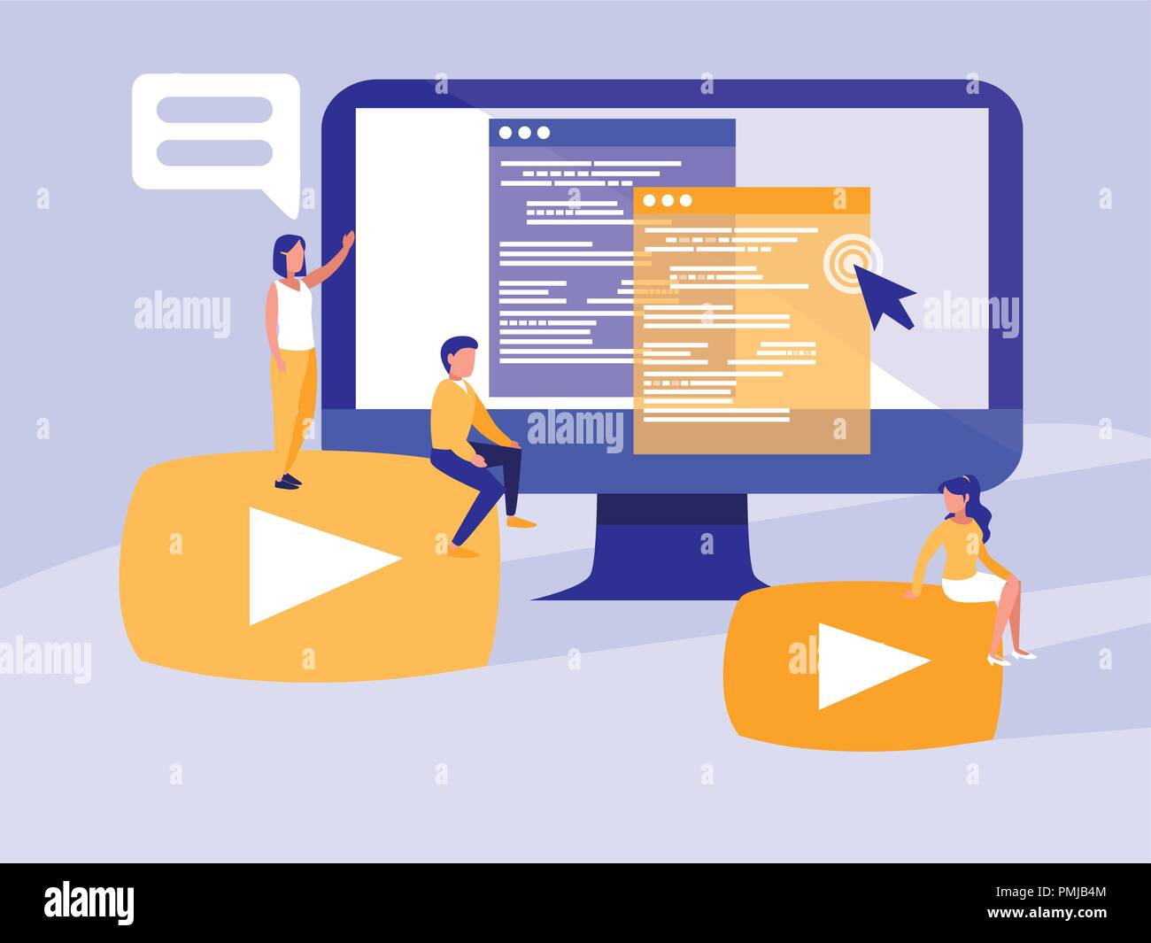 group of people with monitor computer in landscape vector illustration ...