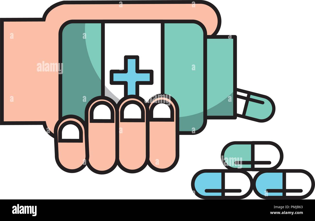 hand with bottle medical pouring capsules medication Stock Vector Image ...