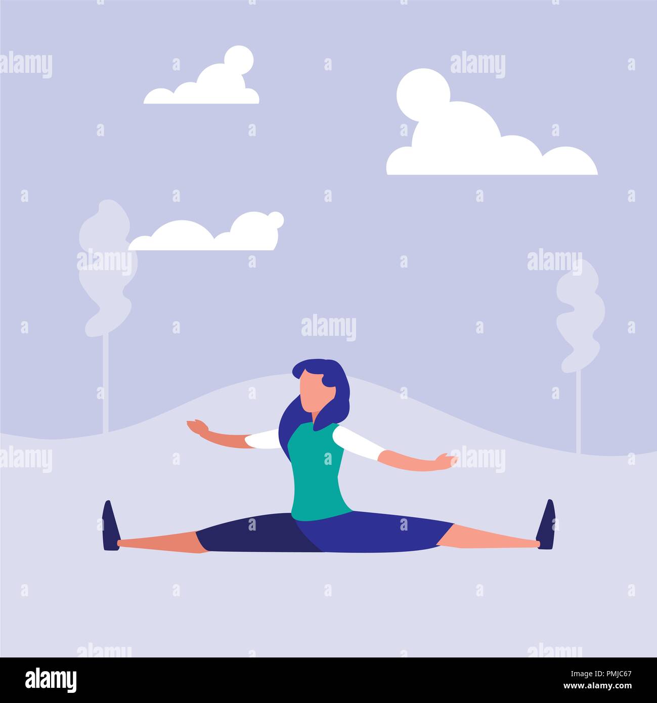 woman practicing stretching in landscape vector illustration design ...