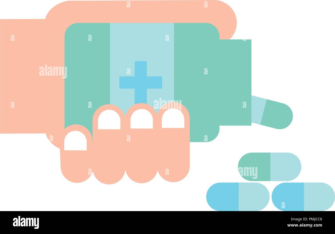 hand with bottle medical pouring capsules medication Stock Vector Image ...