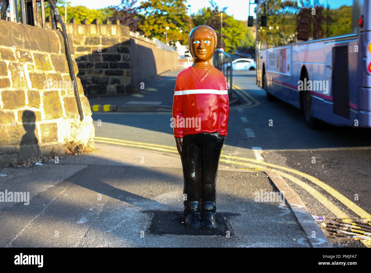 Brightside, Sheffield, UK. September 2018 Child bollard road safety ...