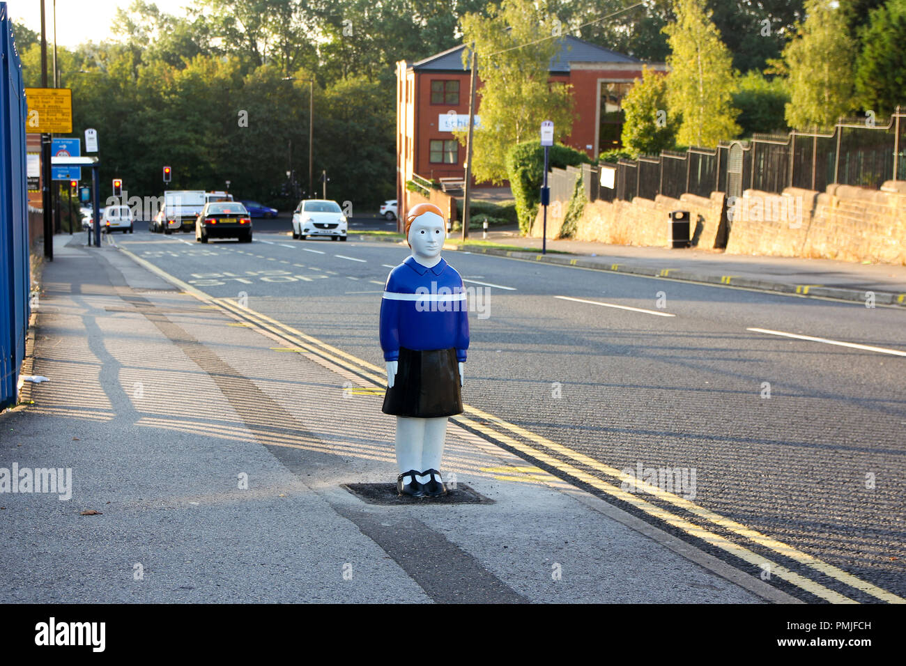 Brightside, Sheffield, UK. September 2018 Child bollard road safety ...