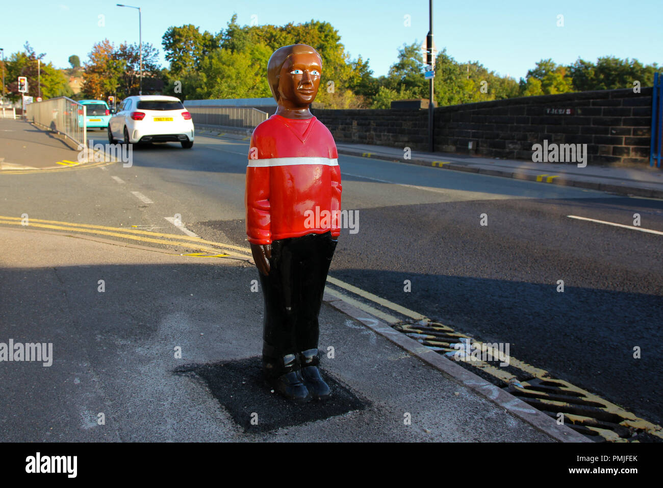 Brightside, Sheffield, UK. September 2018 Child bollard road safety ...