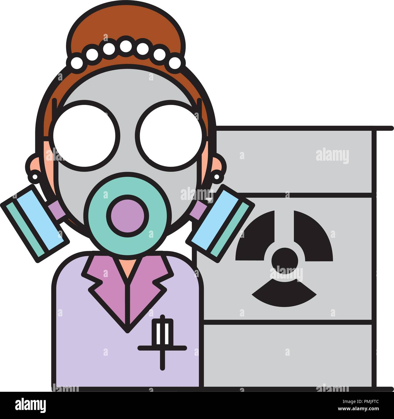 scientific woman with protection mask radiation barrel hazard Stock ...