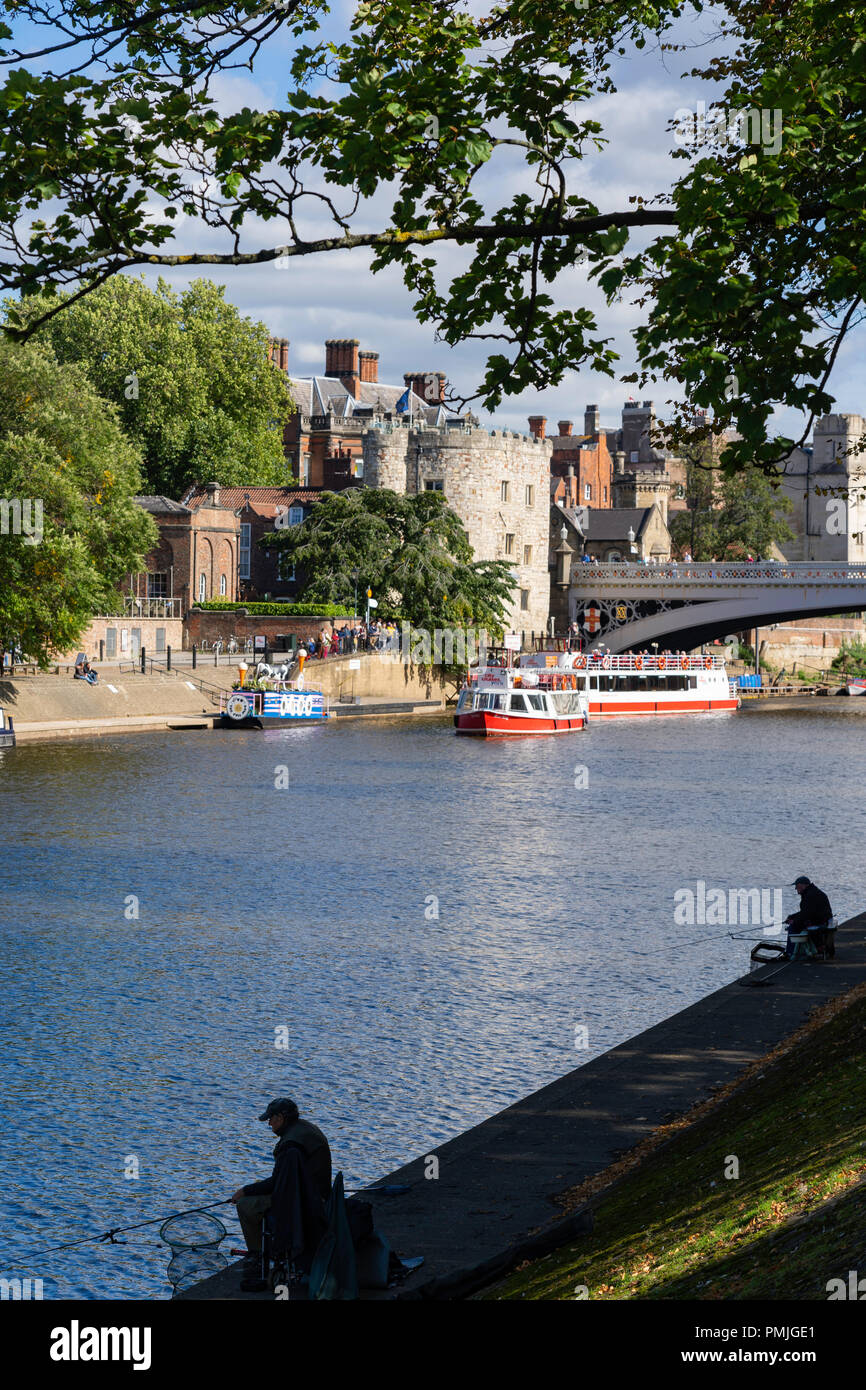 Two Anglers fishing on the bank of The River Ouse, York, North ...
