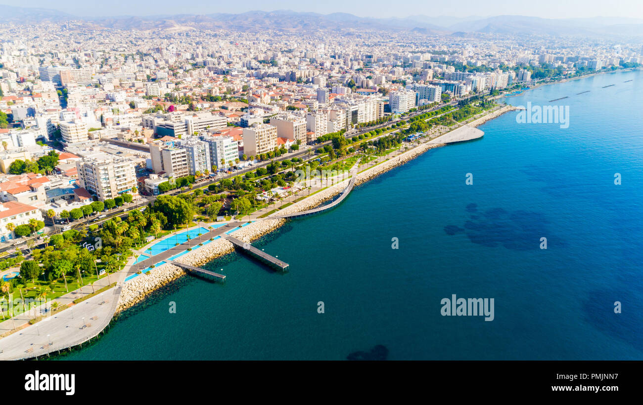Aerial view of Molos Promenade park on the coast of Limassol city ...