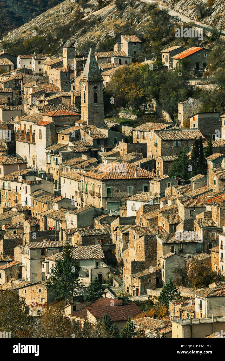 The ancient medieval village of Calascio at sunrise. Gran Sasso and ...