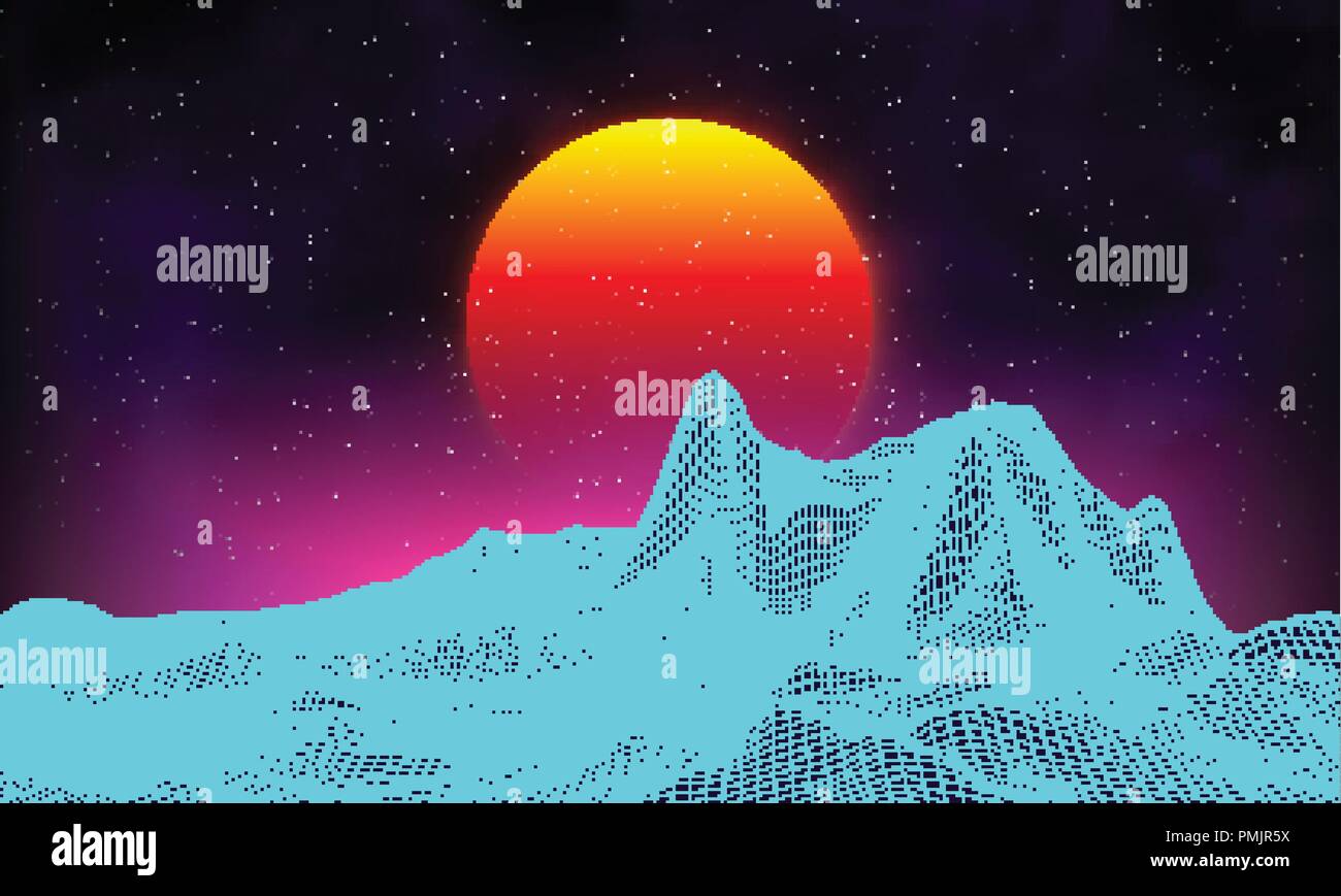 Retro background futuristic landscape 1980s style. Digital retro ...