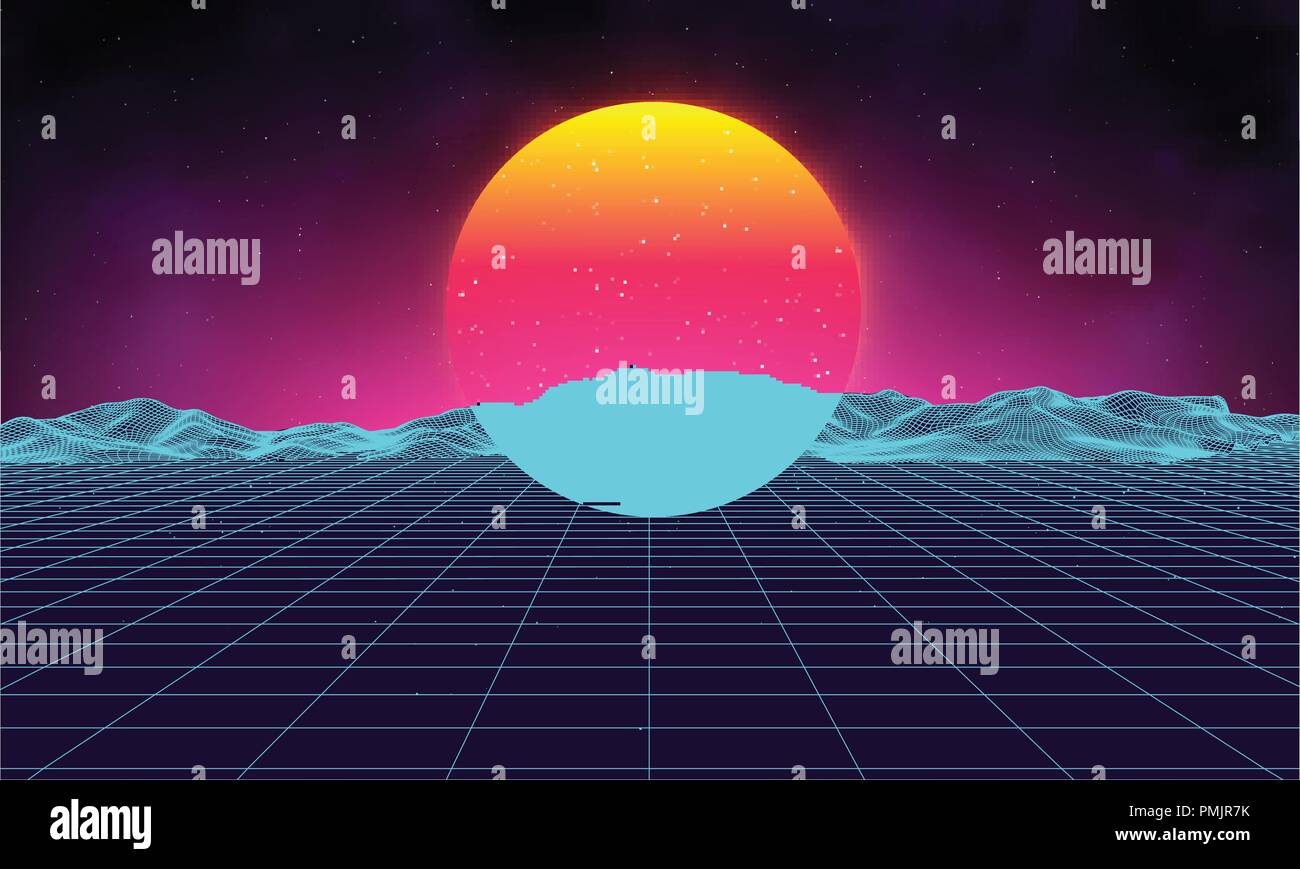 Retro background futuristic landscape 1980s style. Digital retro ...