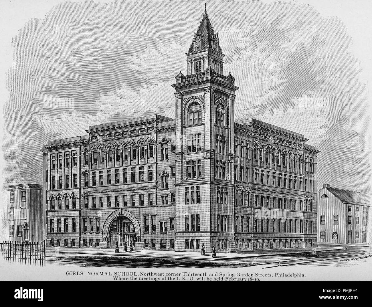 Engraving of the Girl's Normal School building at 13th and Spring ...