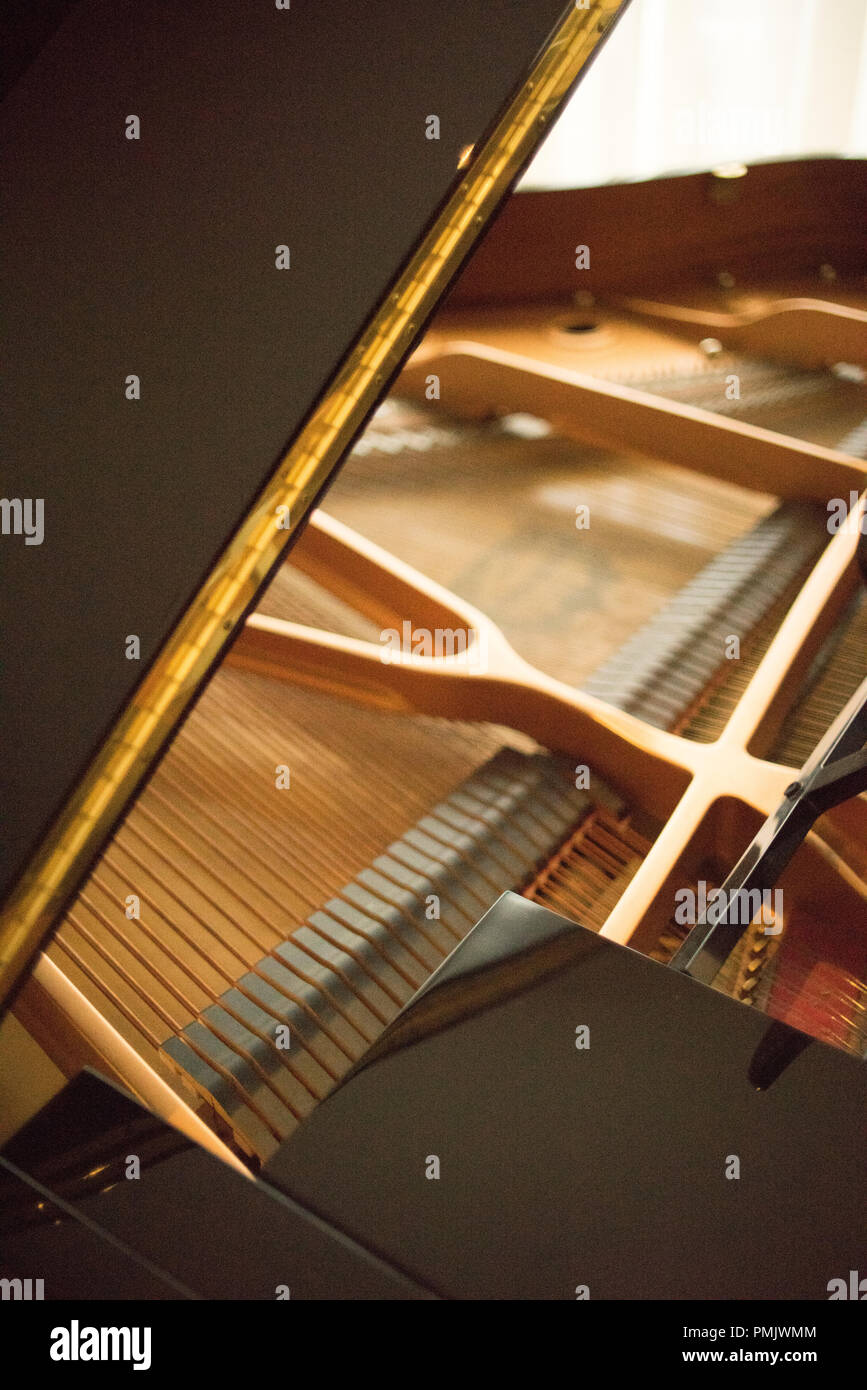 Concert hall grand piano strings ready for classical music performance ...