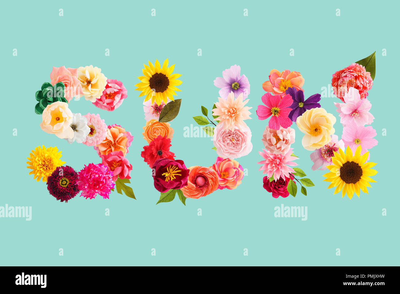 Word sun made of crepe paper flowers isolated on turquoise background ...