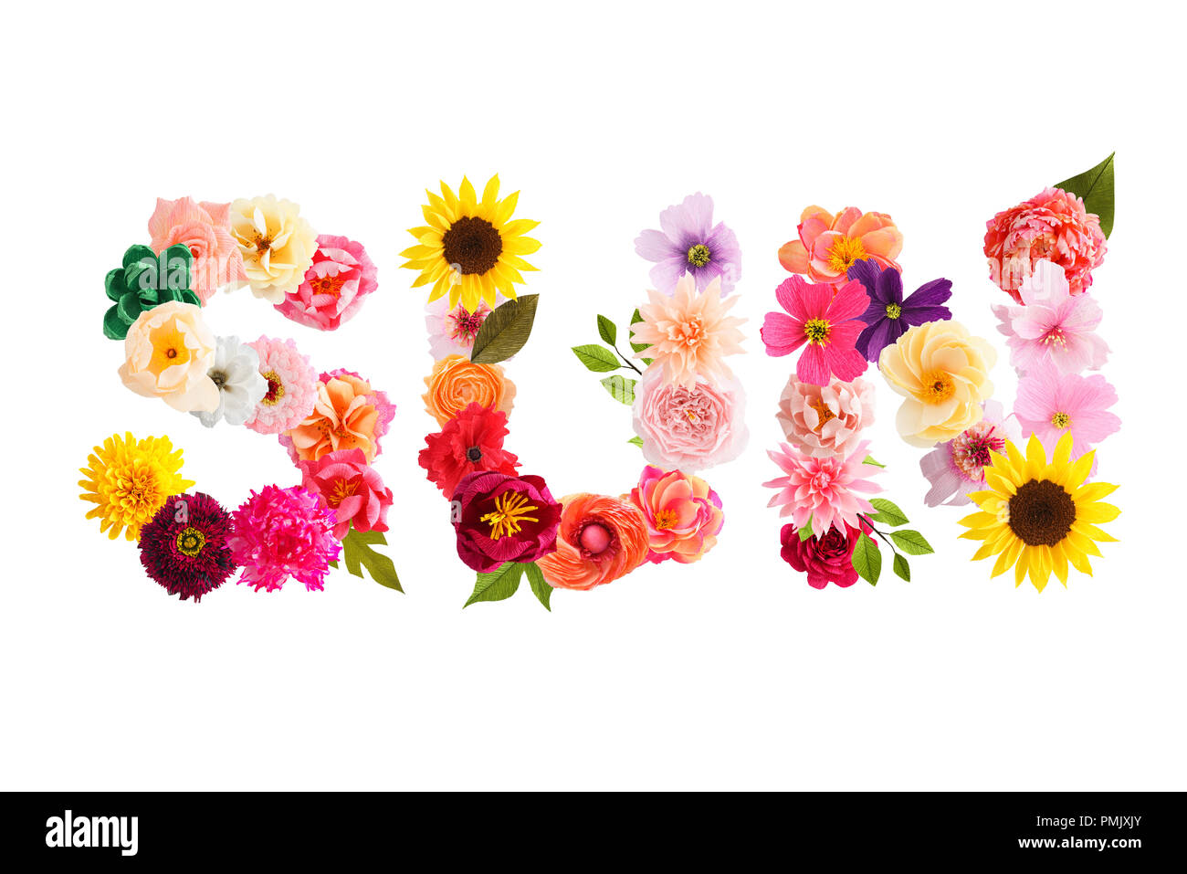 Word sun made of crepe paper flowers isolated on white background Stock ...