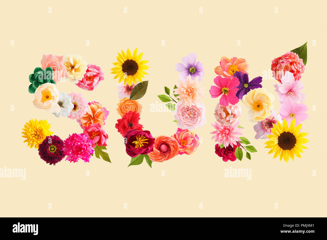 Word sun made of crepe paper flowers isolated on yellow background ...