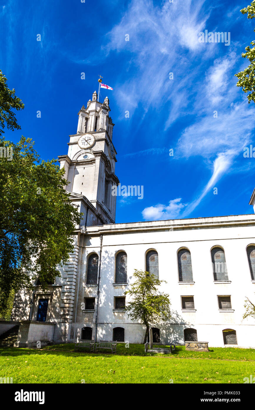 Side view of St Anne's Limehouse featuring arched windows, tower with ...