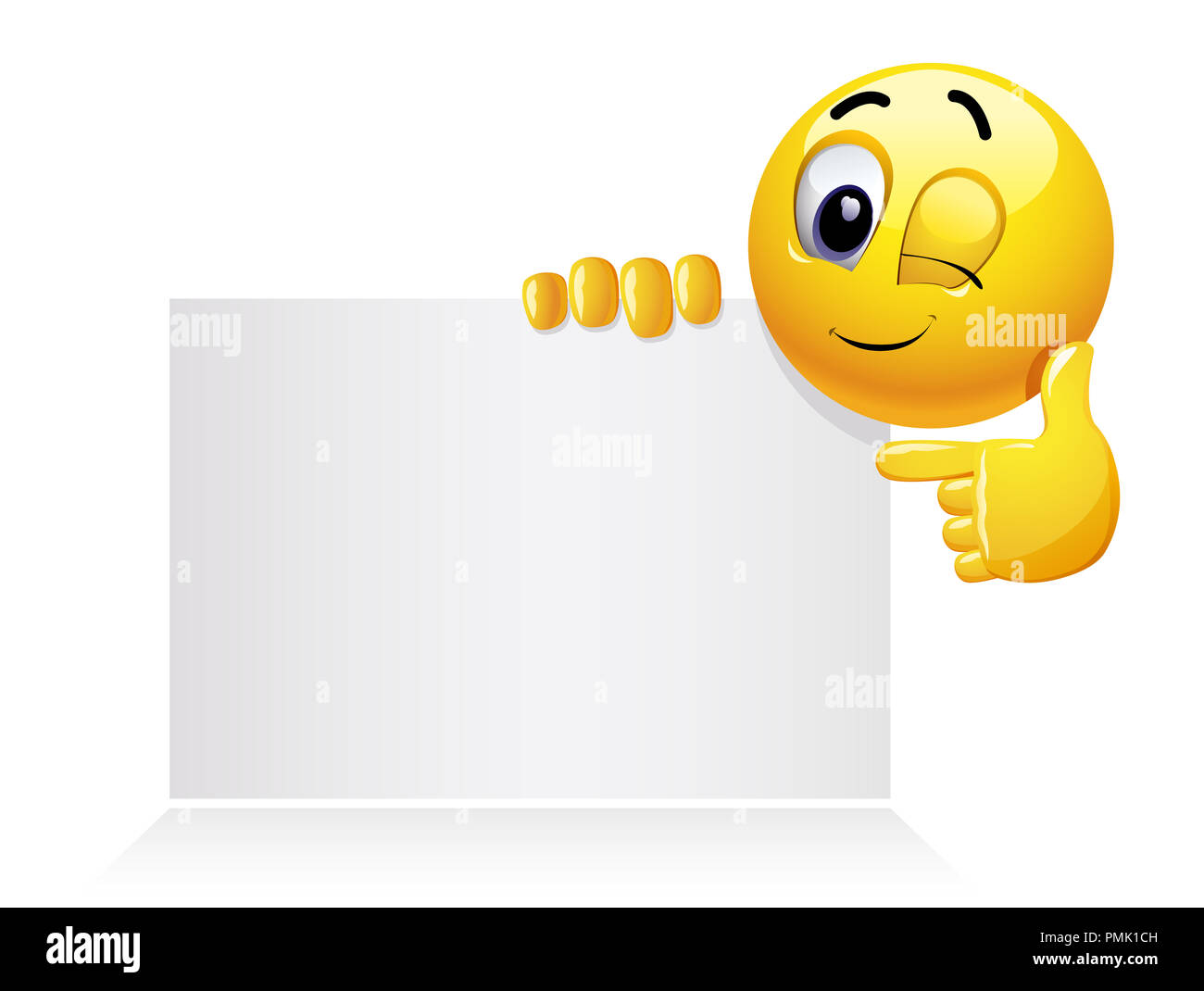 Smiley emoticon holding and showing advertise. Winking smiley showing a ...